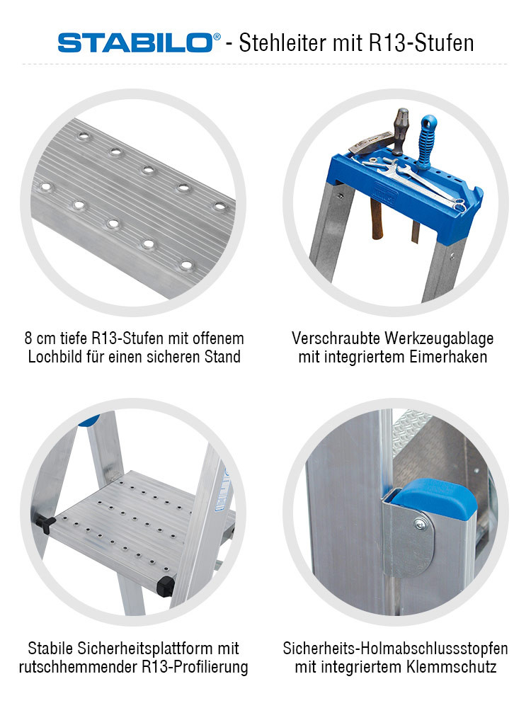 KRAUSE STABILO Stehleiter mit R13-Stufen / 4 Stufen R13 / gemäß TRBS 2121-2 - 136022