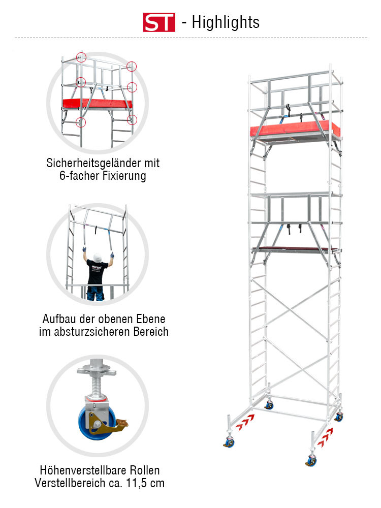 STRUKTURO Fahrgerüst AH 7,00 m mit höhenverstellbaren Rollen | gemäß neuer Norm DIN EN 1004-1 ...